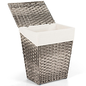 Giantex Laundry Hamper with Lid, Foldable Laundry Basket w/Removable Liner Bag, Handwoven Rattan Clothes Hamper w/Handles Anti-skid Pads for Living Room Laundry (Gray)