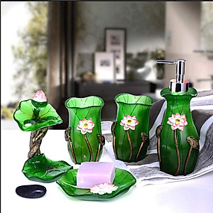 JHGCCL Countertop Soap Dispensers Bathroom Accessories Set,5/6 Piece Resin Bathroom Set,Soap Dispenser Toothbrush Holder,Soap Dish,2 Tumblers,Tray,Green Soap dispensers (5piece Set)