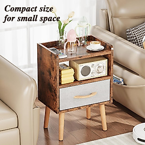 LUCKNOCK Night Stand with Drawer, Modern Bedside Table, Mid Century Nightstand with Open Storage Shelf, Small Bedside Tables for Bedroom, Sturdy Wood Bedroom Side Table, Rustic Brown