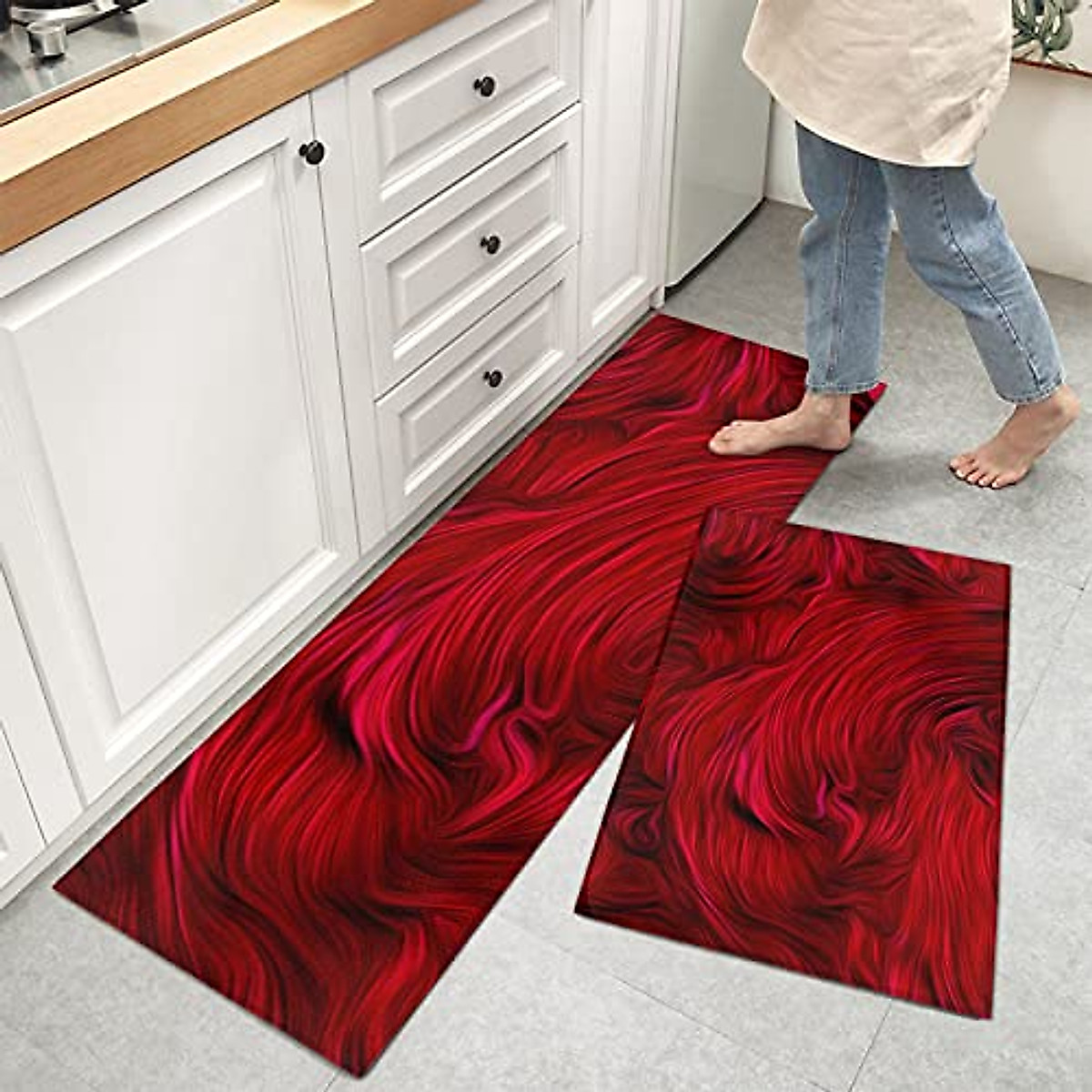 Abstract Art Kitchen Mats 2 PCS Anti-Fatigue Kitchen Rugs, Non Slip Kitchen Rugs and Mats Cushioned Standing Desk Mat Floor Mats for Home,Sink,Office,Kitchen, Red Liquid Artistic Texture