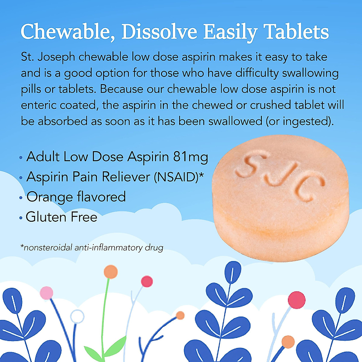 St. Joseph Aspirin Pain Reliever, Chewable Flavored, Low Dose, Orange, 108 Count (69536-181-15)