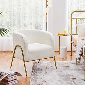 Yaheetech Accent Chair, Modern Barrel Chair, Boucle Fabric Vanity Chair with Golden Legs, Cozy Fuzzy Armchair for Living Room Makeup Room Bedroom Reading Nook Ivory