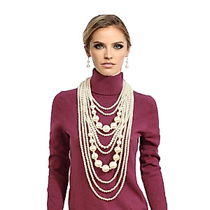 Women's Chunky Multi-Strand Faux Pearl Statement Necklace and Earrings Set (Cream - Style B)