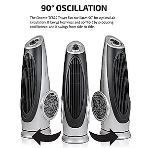 Ovente Portable Electric 30.4 Inch 90° Oscillating Tower Fan with 3 Speeds controlled by Manual Analog Knob with Low-Noise Technology Cool Air Breeze, Indoor, Bedroom, Home, Office, Silver TF87S