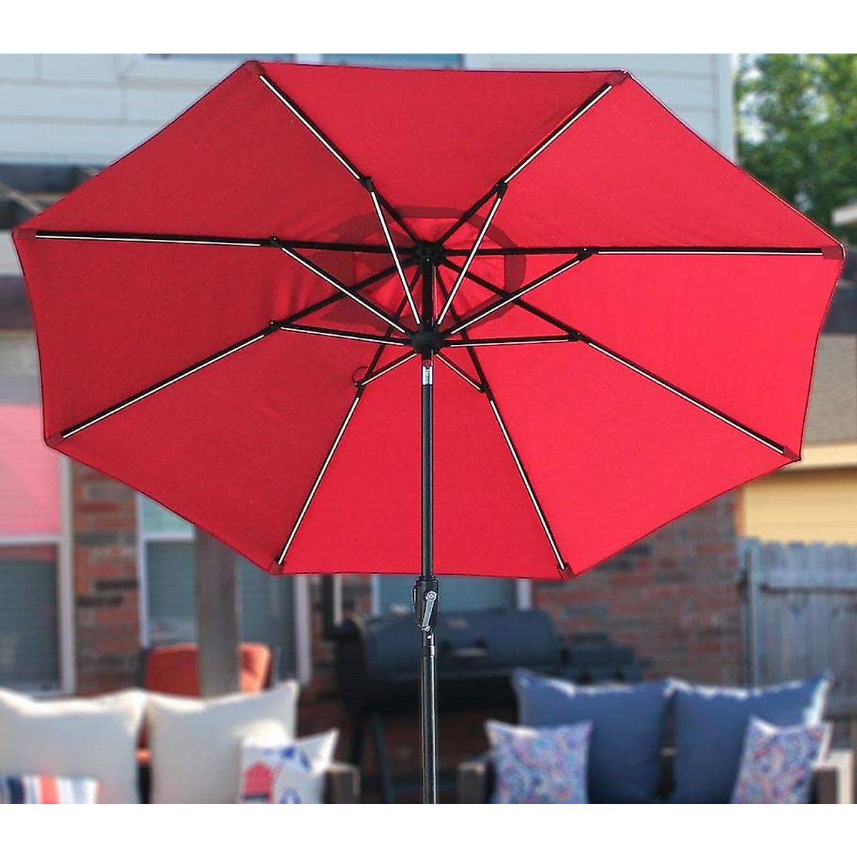 Sun-Ray 811028 9' Round Next Gen 8-Rib Solar Patio Umbrella 32 LED Within Unique Strip Lighting, Crank and Tilt, 9 ft, Scarlet/Red