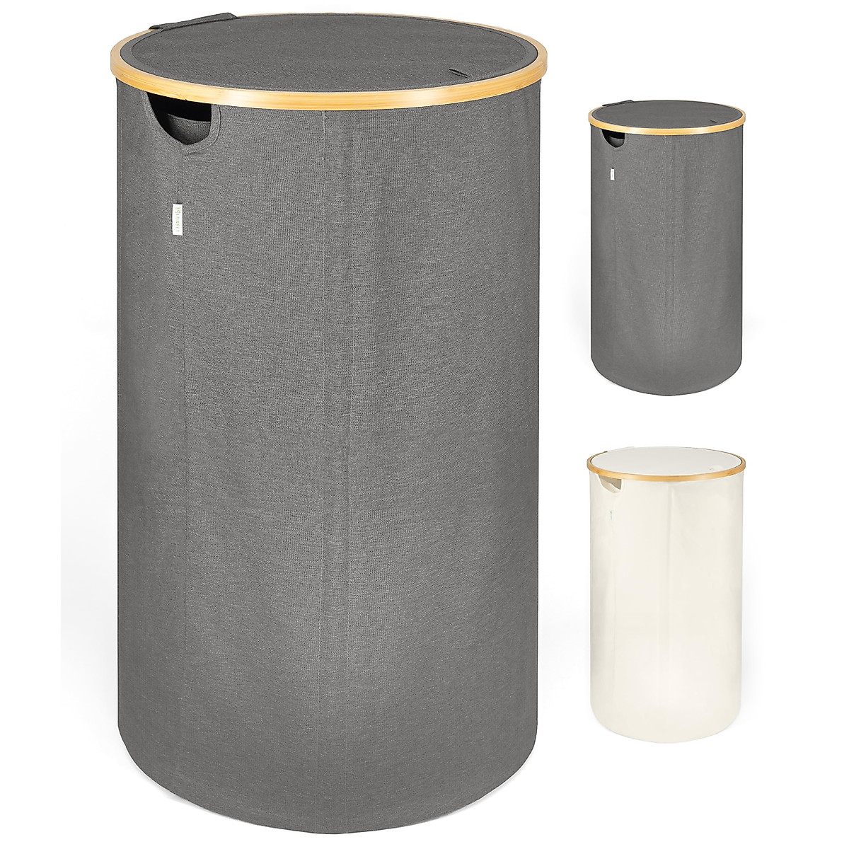 Lonbet - Grey Circular Laundry Baskets with Lid & and Inner Bag - XL 100 Litres - Large Washing Baskets for Laundry with Handles - Laundry Baskets for Bedrooms - Bamboo Bathroom Bin