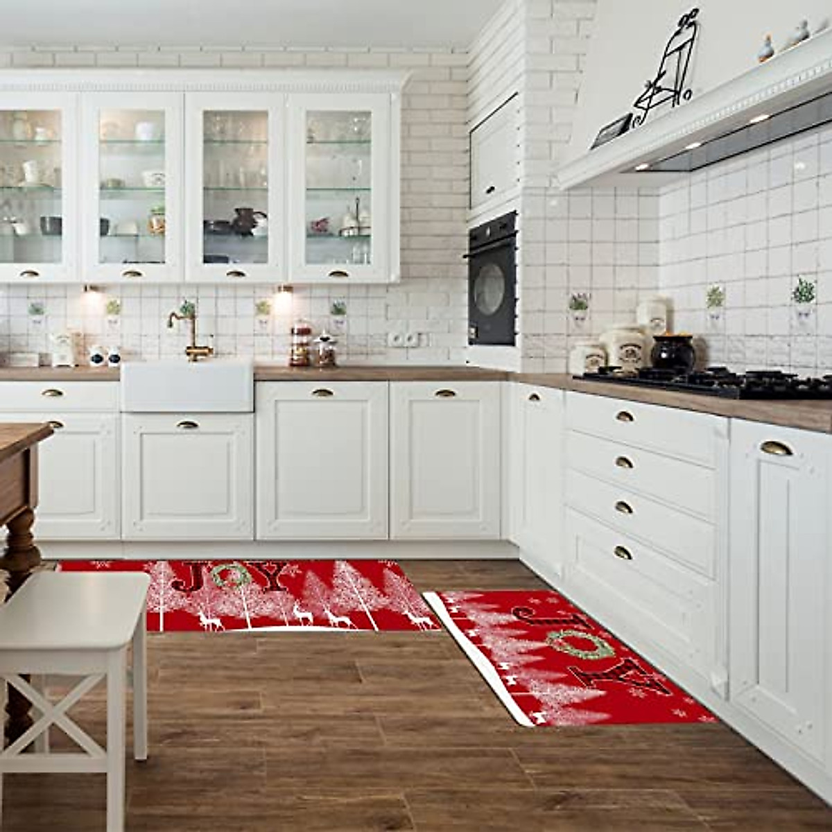 Kitchen Mat Rug Set of 2 Christmas Reindeer Xmas Tree Winter Snow Joy Red Plaid Runner Rug Anti-Fatigue Comfort Memory Foam Standing Mat Non-Slip Floor Door Mat for Bathroom Bedroom 20x32in+20x63in