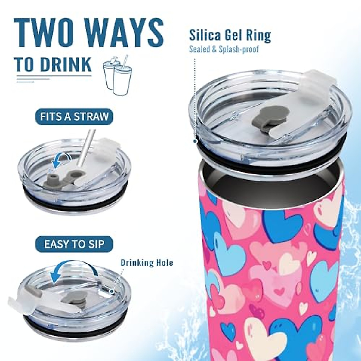 QWEUIOP 20oz Insulated Travel Coffee Mug Blue Hearts Pattern Stainless Steel Tumbler with Lid Double Wall Vacuum Coffee Cup For Hot and Cold Drinks14182