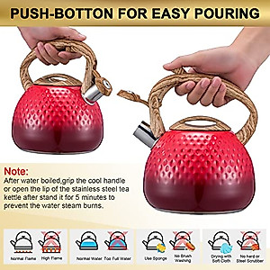 Tea Kettle, Stovetop Teapot, 2.7 Quart, Loud Whistle, Food Grade Stainless Steel and Smooth Wood Pattern Handle, Sophisticated Look for Hiking, Picnic, for Tea, Coffee, Milk (Red)