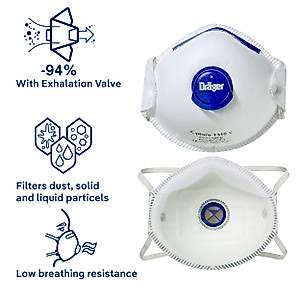 Dräger X-plore 1350 V N95 Particulate Respirator with Exhalation Valve, 10 Pack, Size S/M, NIOSH-Certified, Disposable Dust Mask, Adjustable Head Harness, Low Breathing Resistance