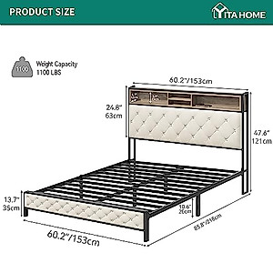 YITAHOME Queen Size Bed Frame, Platform Bed Frame with Charging Station, Upholstered Storage Headboard & Footboard Metal Slats Supports Mattress Foundation, No Box Spring Needed, Beige