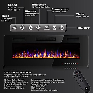 BOSSIN 50 inch Ultra-Thin Silence Linear Electric Fireplace, Recessed Wall Mounted Fireplace, Fit for 2 x 4 and 2 x 6 Stud, 12 Adjustable Flame Color & Speed,Touch Screen Remote Control with 8h Timer