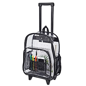 Rolling Clear Backpack, Heavy Duty See Through Bookbag, Transparent PVC Cold-resistant Backpack with Wheels ( Black)