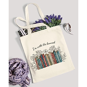 AUSVKAI Canvas Tote Bag Aesthetic Cute For Women Y2K Book College Grocery Bag Cotton Cloth Beach Totes Gift For-I'm with Banned Book