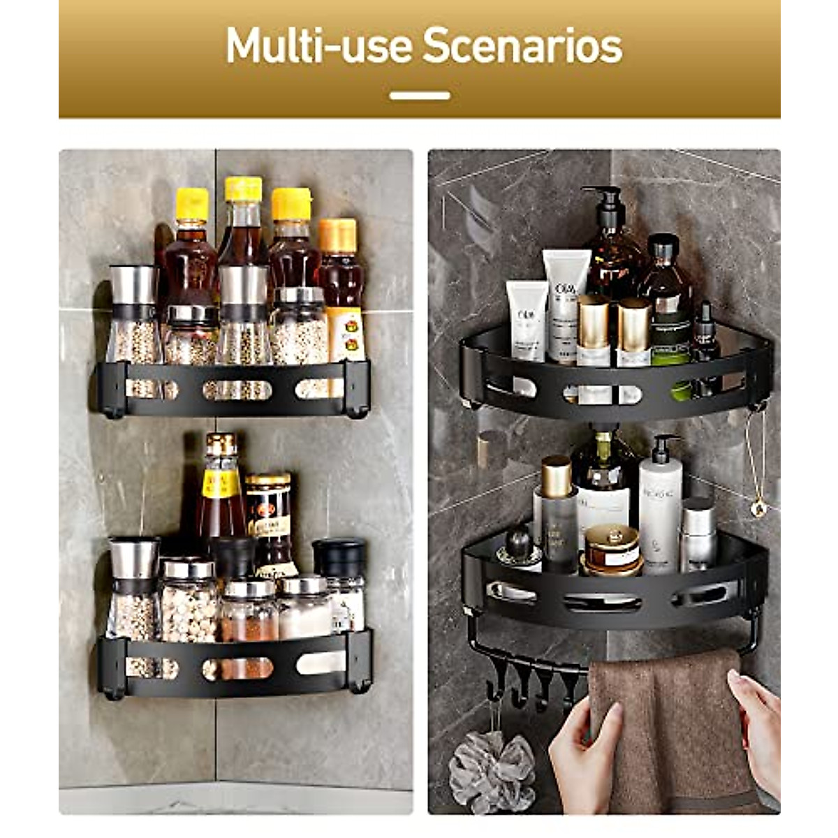 MAZEME 2 Pack Adhesive Corner Shower Caddy Organizer with 4 Hooks and Bathroom Towel Bar, Hanging Plastic Shower Shelf Basket Storage Racks No Drilling Rustproof Wall Mounted for Dorm College, Black