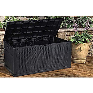 Oakmont 120 Gallon Patio Deck Box, Outdoor Large Resin Wicker Storage Container Garden Furniture for Outdoor Cushions, Throw Pillows, Black