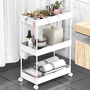 SPACELEAD 3 Tier Rolling Cart with Wheels, Storage Craft Art Trolley Organizer Serving, 3 Hanging Baskets Easy Assembly, for Office, Living Room, Kitchen, White