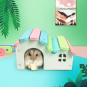 Dwarf Hamsters House DIY Wooden Gerbil Hideout Rainbow Bridge Swing and PVC Seesaw, Pet Sport Exercise Toys Set, Sugar Glider Syrian Hamster Cage Accessories, Suitable for Small Animal Habitat