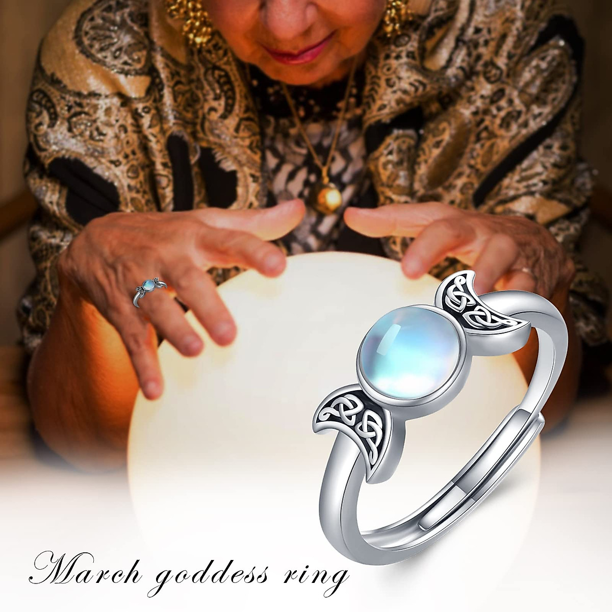 lotus & leaf Triple Moon Goddess Ring Sterling Silver Moonstone Jewelry Pagan Wiccan Ring Triple Moon Goddess Gifts for Women