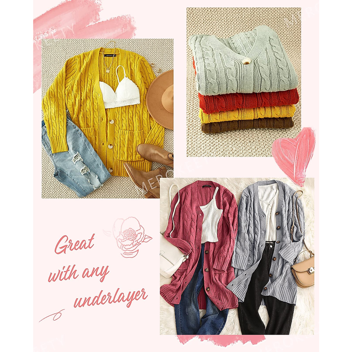 MEROKEETY Women's 2025 Casual Long Sleeve Open Front Cardigan Sweater Solid Color Button V Neck with Pockets,Blue,M