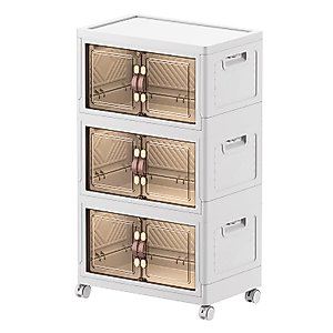 SYNCVIBE Stackable Storage Bins With Lids and Double Doors 3 Pack Plastic Storage Box Collapsible Organizer with Wheels Large Folding Storage Containers for Home Organization (3-pack, 8.4 Gal-white)