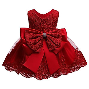 0-2 Years Baby Girls Frocks Pageant Lace Dresses Toddler Party Embroideryr Dress with Headwear (Red, 12 Months)