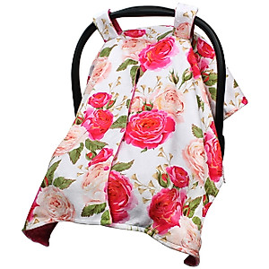 Baby Car Seat Canopy Cover - Hot Pink on White Roses