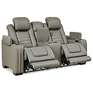 Signature Design by Ashley Backtrack Contemporary Tufted Leather Power Reclining Loveseat with Console and Adjustable Headrest, Light Gray