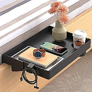Bedside Shelf for Bed – College Dorm Room Clip On Nightstand with Cup Holder & Cord Holder -Tray Table Caddy for Students – Bunk Bed Shelf for Organizer Top for Bedroom (Black，Plastic)