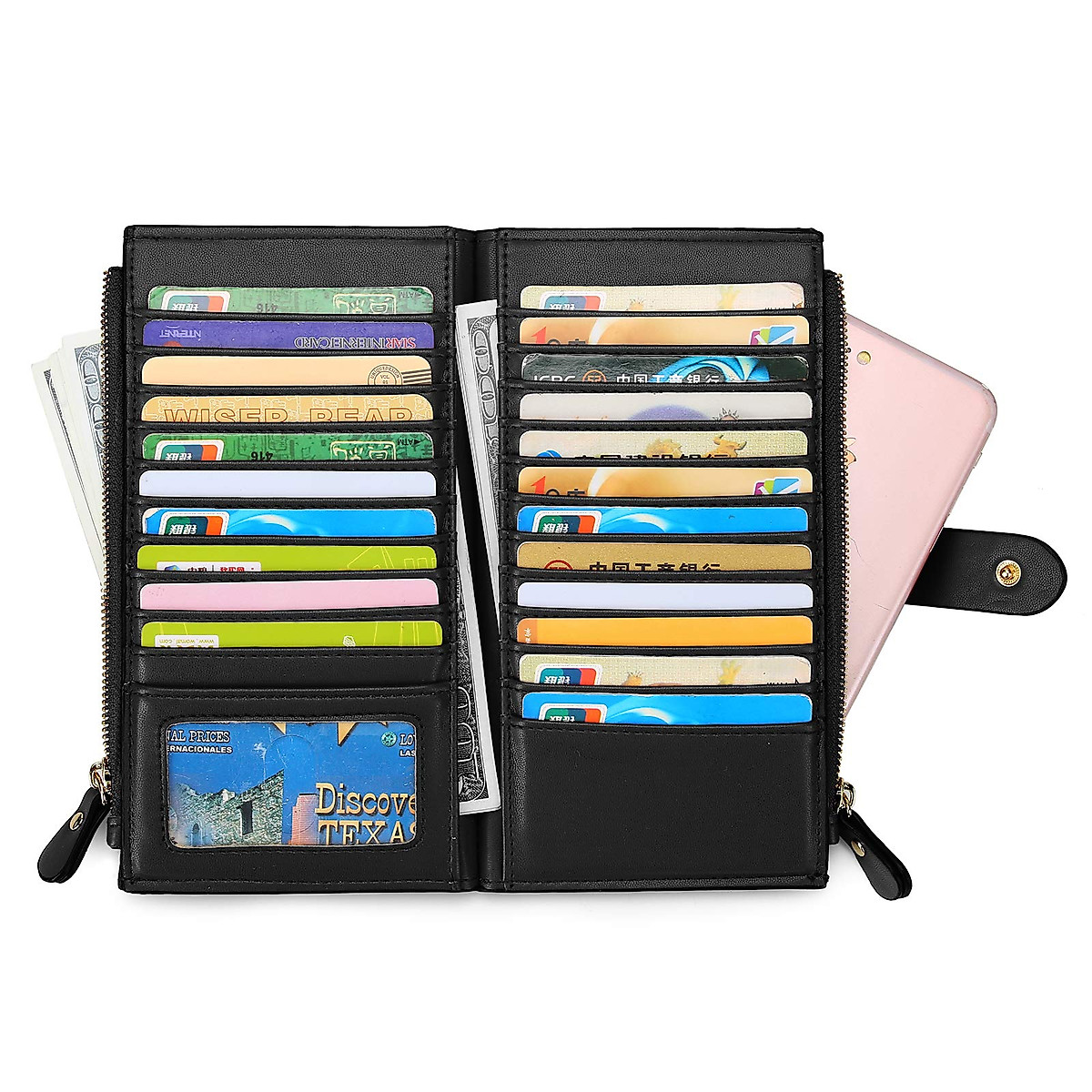 YALUXE Leather Wallets for Women Double Zipper Pockets Phone Holder 22 Card Slots Organizer Billfold with ID Window