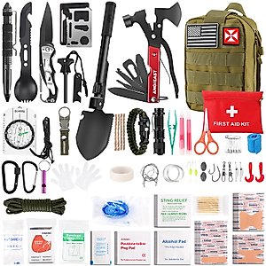 Survival Kit 256 in 1, First Aid Kit Survival Gear Tools Trauma Kit with Molle Pouch for Outdoor, Camping, Hunting, Hiking, Earthquake, Home, Office, Gifts for Men Dad Husband Women (Green)