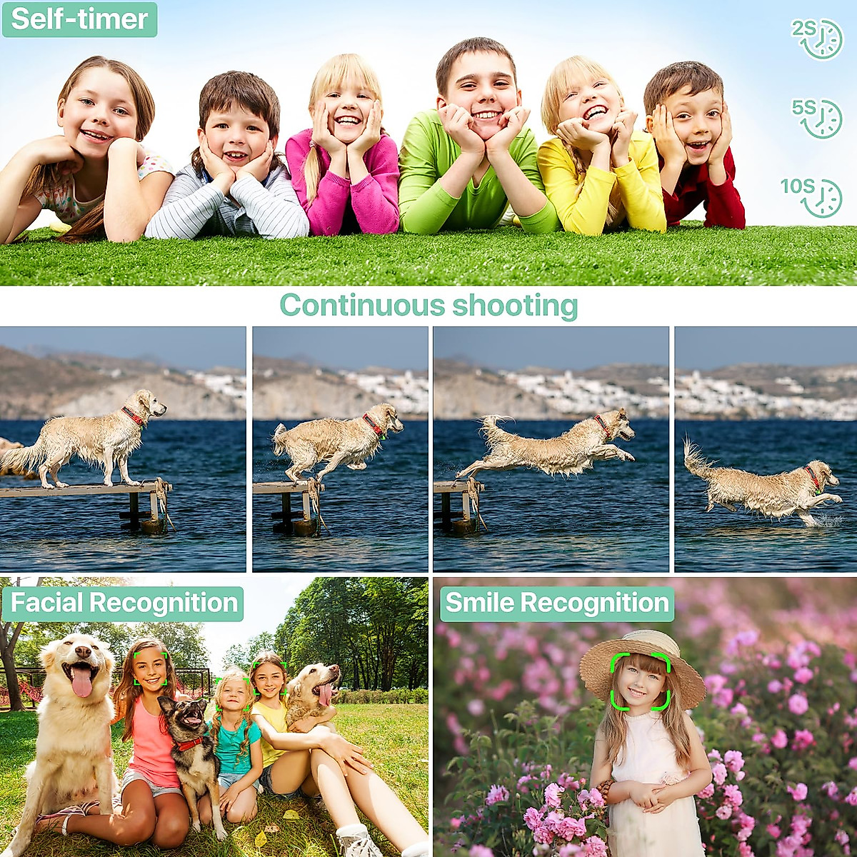 1080P Kids Digital Camera with Lanyard (No SD Card), 44MP Digital Point and Shoot Camera with 16X Zoom, Anti-Shake, Vlogging Camera for Students