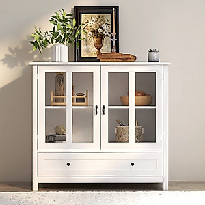 Henf Kitchen Sideboard Buffet Storage Cabinet, Floor Cabinet Cupboard with Double Glass Doors, Free Standing Accent Cabinet with a Drawer and Adjustable Closed Shelf, Perfect for Kitchen Dining Room