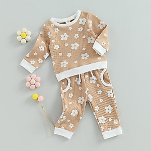 Toddler Baby Girl Fall Winter Outfit Floral Print Long Sleeve Sweatshirt and Elastic Waist Pants Newborn Clothes Set (Waffle Floral Khaki, 12-18 Months)