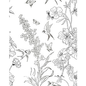 HomKihapai Vintage Wallpaper- Black and White Wallpaper Floral Peel and Stick Wallpaper Modern Bird Wallpaper for Bathroom Waterproof Contact Paper (Black and White, 118"X17.4")