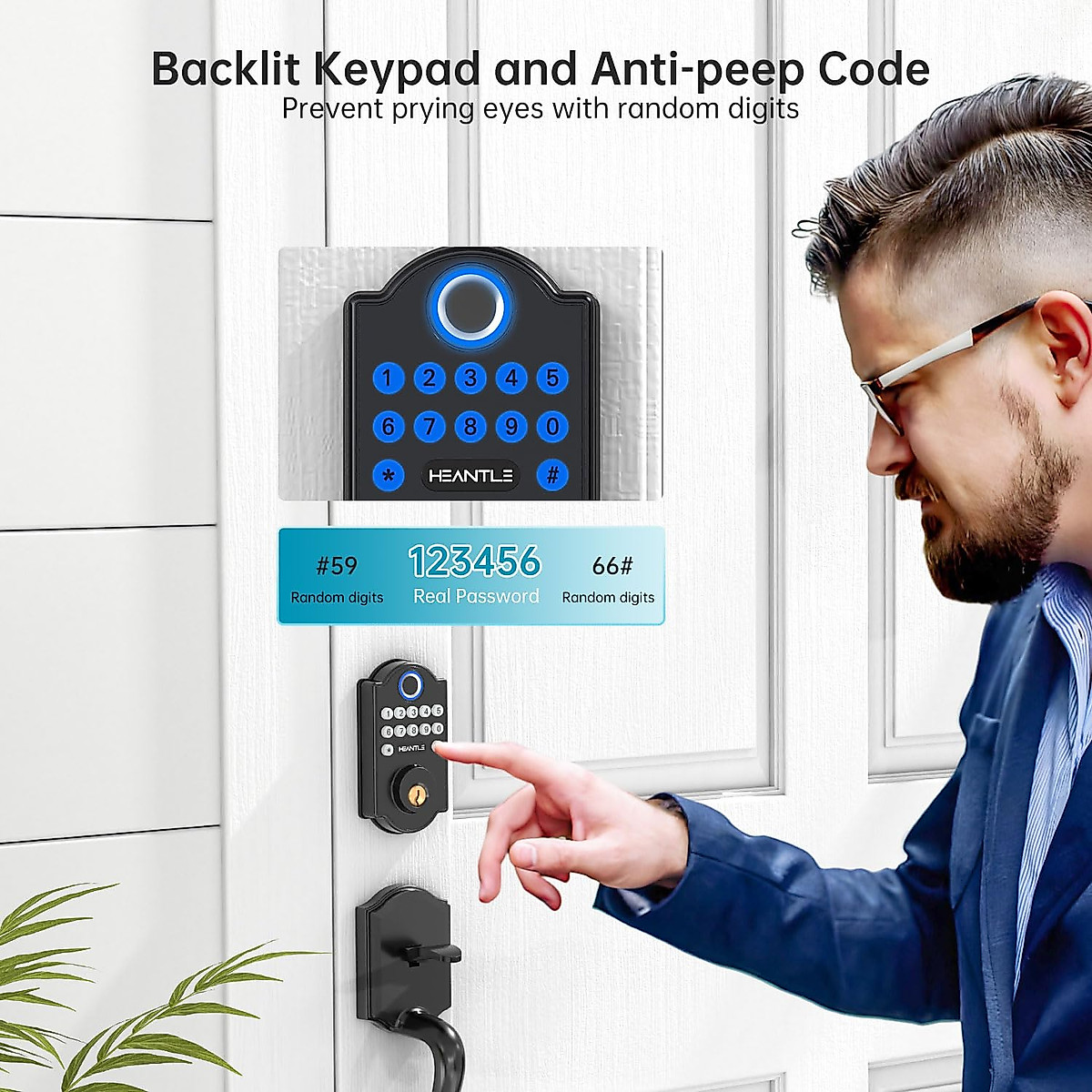 Front Door Lock Set, HEANTLE Keyless Entry Locks with Handle, Electronic Digital Keypad for Sets, Automatic Fingerprint Locksets Deadbolt Exterior, Auto Lock, Easy to Install