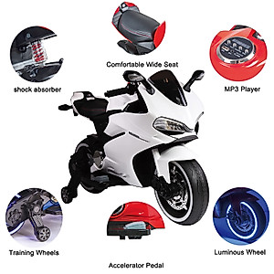 Ride On Toys Kid Motorcycle 12V 7AH Battery with Slow Start Function, Safety, High and Low Speed,Leather Seat Plastic Wheels with LED Lights, Have MP3 Player Function (White)