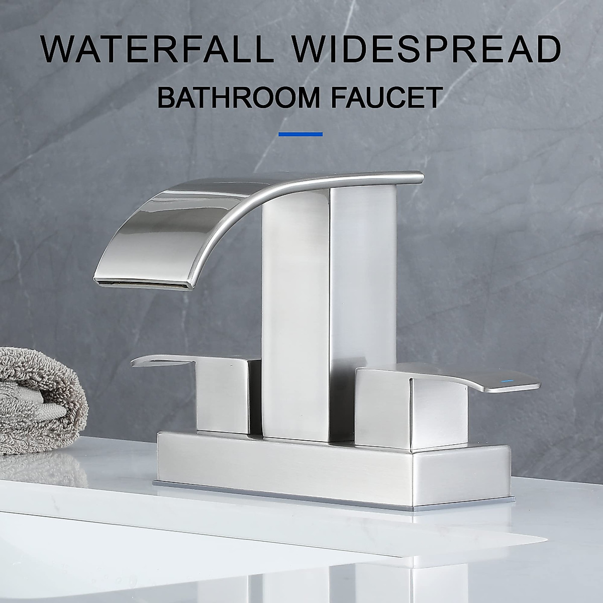 Waterfall Bathroom Sink Faucet - 2 Handle 4 Inch Centerset Faucet for Lavatory Bathroom Sink, with cUPC Faucet Supply Line Hoses for Bathroom Restroom Vanity Lavatory, Brushed Nickel