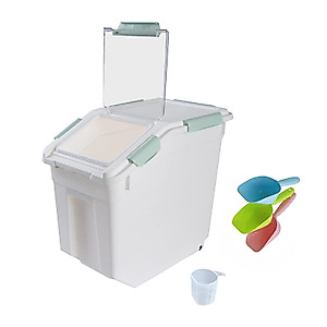 Qiveno Airtight Flour Storage Container 25 lb Rice Storage Container with Wheels Seal Locking Lid, Food Containers with Measuring Cup& Scoop for Flour, Rice, Grain(Cyan)