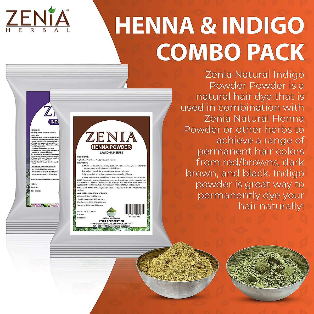 Zenia 100% Pure Indigo Powder and Henna Powder Hair Color Combo Kit | for Coloring Hair and Beard Black | 100 Grams Each | All Natural, Chemical Free, PPD-free, Ammonia-free