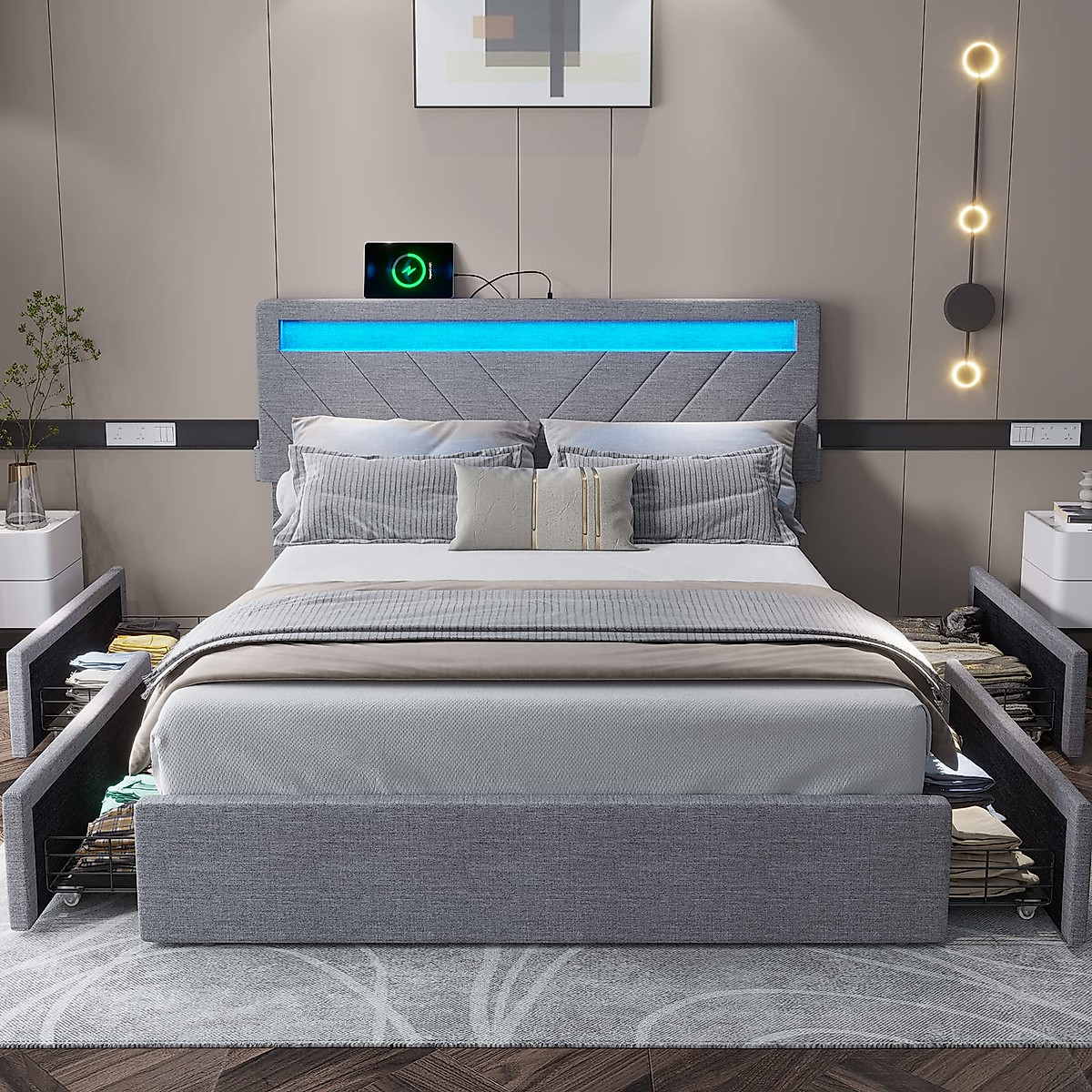 ADORNEVE Queen LED Bed Frame with Drawers Storage, 2 USB Charging Station, Upholstered Platform Bed with Storage & LED Lights Headboard, No Box Spring Needed, Light Grey
