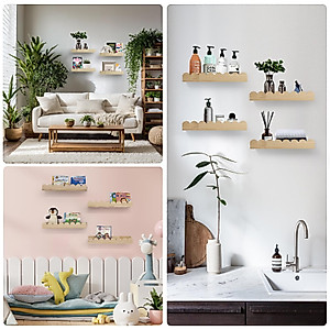 icnjdMopclean Scalloped Shelves for Nursery - Wall Book Shelves for Bedroom Kids, Nursery Bookshelf for Wall Set of 4, Floating Book Shelves Solid Wood,16 Inch, Natural