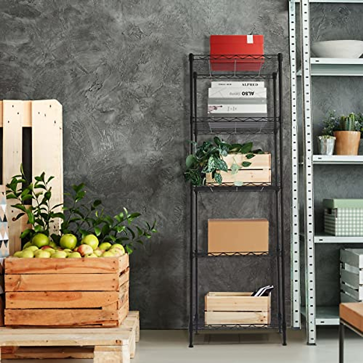 GIOTORENT 5-Wire Shelving Storage Garage Organizer, Adjustable Metal Shelf Wire Shelving Rack for Laundry Bathroom Kitchen Pantry Closet, Matt Black