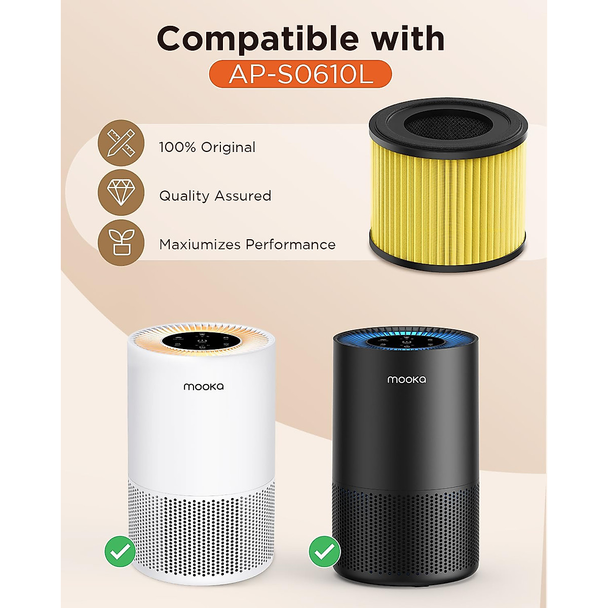 2 Pack MOOKA AP-S0610L Air Purifier Pet Mode Filter, 3-in-1 True HEPA Filter, High-Efficiency Activated Carbon Air Filter for Allergies, Smoke, Odor, Dander, Pollen