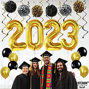 KatchOn, Graduation Balloons 2023 Set - Big 40 Inch, Pack of 43 | Gold 2023 Balloons Graduation, Pompoms and Hanging Swirls | Black and Gold Graduation Party Decorations 2023, Prom Decorations 2023
