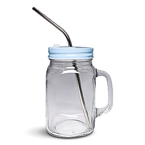 Home Suave 20oz Mason Jar Mugs with Handle Set of 2, Regular Mouth, Light blue Lids with Reusable Stainless Steel Straw, Kitchen GLASS 20 oz Jars