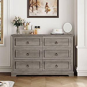 HOSTACK 6 Drawer Double Dresser, Modern Farmhouse Chest of Drawers, Wide Dressers Organizer, Accent Wood Storage Cabinet for Living Room, Hallway, Ash Grey
