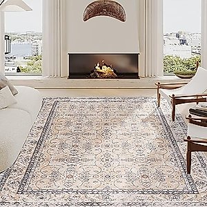 jinchan Area Rug 8x10 Persian Rug Pink Vintage Rug Traditional Mat Retro Accent Rug Distressed Indoor Foldable Thin Rug Floral Print Rug Non Slip Carpet Living Room Dining Room Office Floor Cover