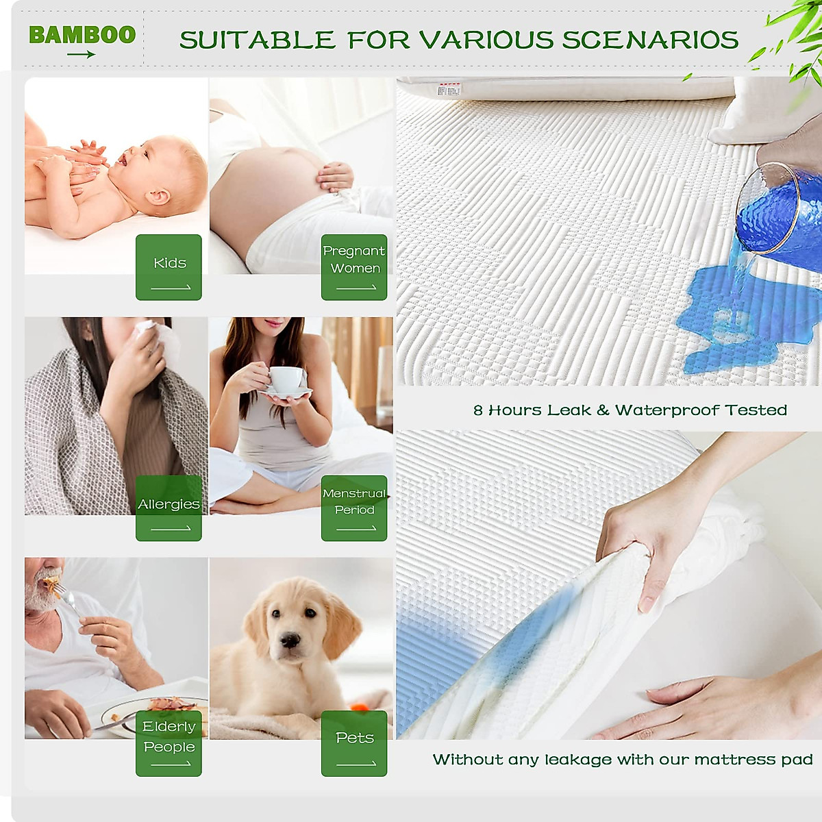 GRT King Waterproof Mattress Protector Rayon Bamboo - 3D Air Fiber Cooling Mattress Cover Breathable Ultra Soft, Mattress Pad Noiseless Fits up to 26'' Deep Pocket Washable