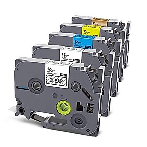 Zencoma Compatible Label Tape Replacement for Brother P Touch Label Maker Tape 12mm 0.47 Inch TZe 131 231 531 631 831, Black on Clear/White/Blue/Yellow/Gold TZ Tape for Ptouch PTD210 PTD600, 5 Pack